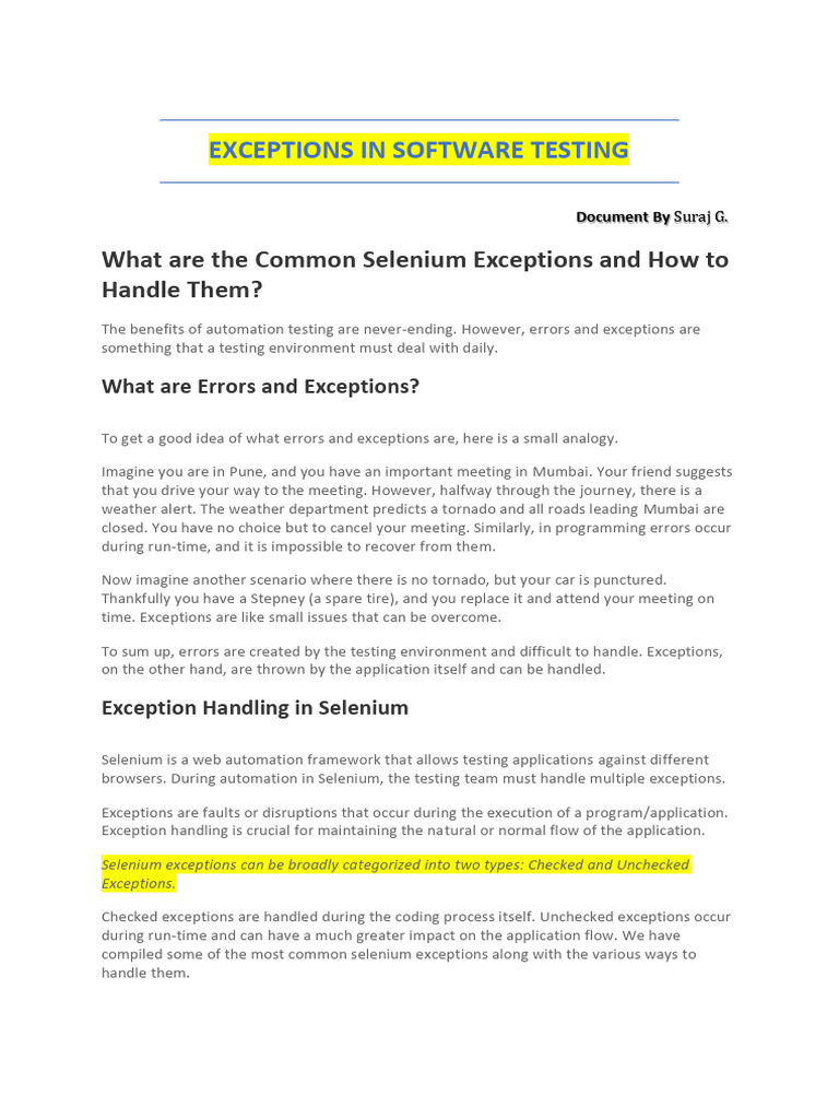 Common Selenium Exception With Solution | PDF | Selenium (Software) | World Wide Web