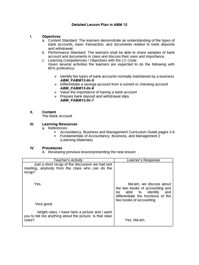 Detailed Lesson Plan in ABM Final 2023 | PDF | Transaction Account ...