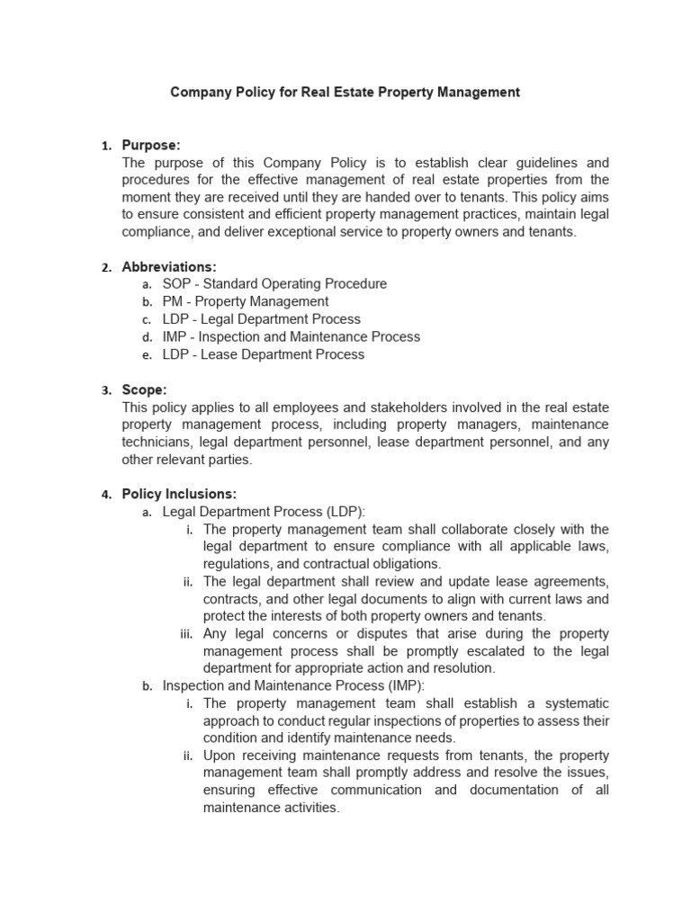 Real Estate Property Management Policy | PDF | Property Management | Lease