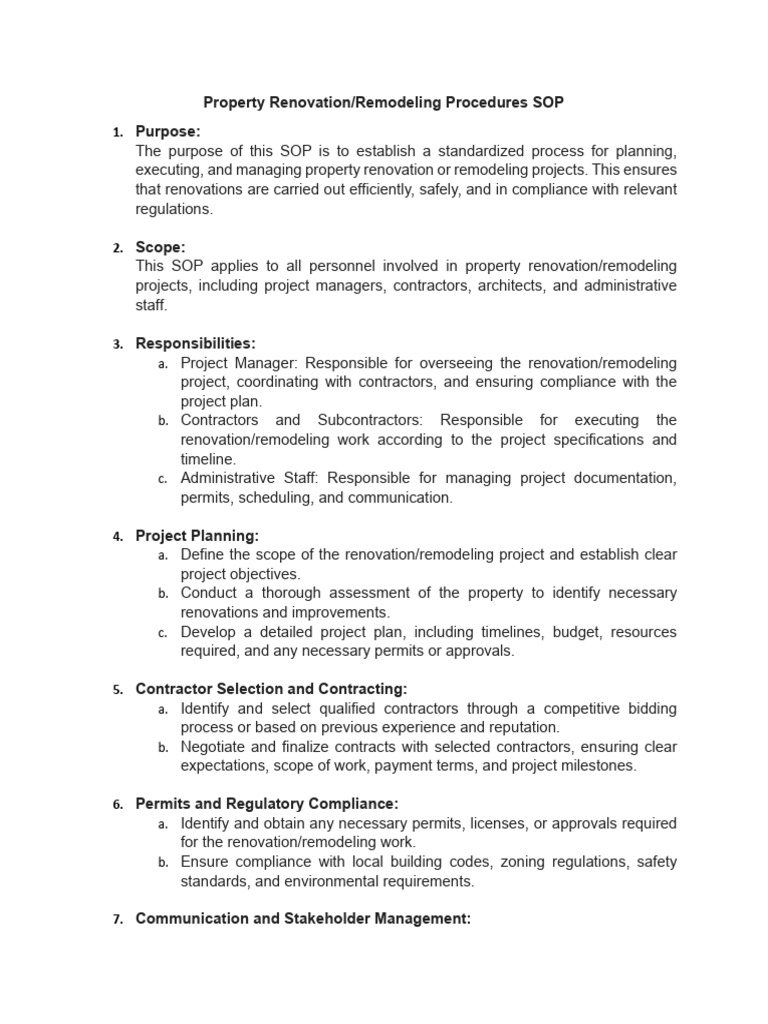 Property Renovation Procedures SOP | PDF | General Contractor | Business