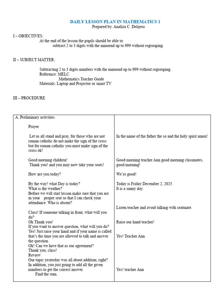 Daily Math Lesson Plan: Subtraction Skills | PDF | Subtraction