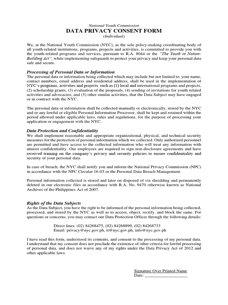 Youth Data Privacy Consent Form | PDF | Privacy | Information Privacy