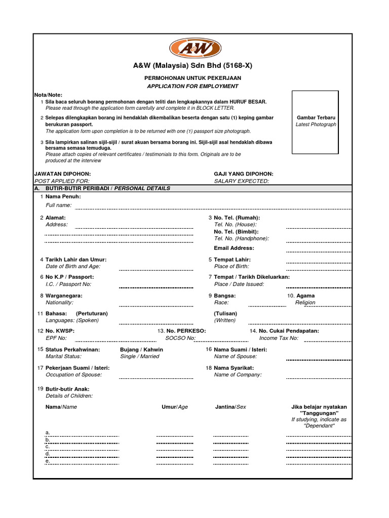 APPLICATION FORM - A&W (Malaysia) SDN BHD | PDF