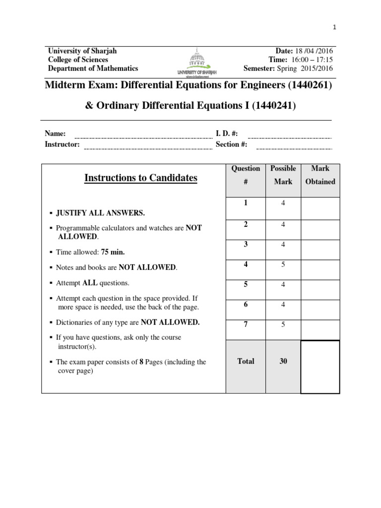 Midterm Exam: Differential Equations For Engineers (1440261) & Ordinary ...
