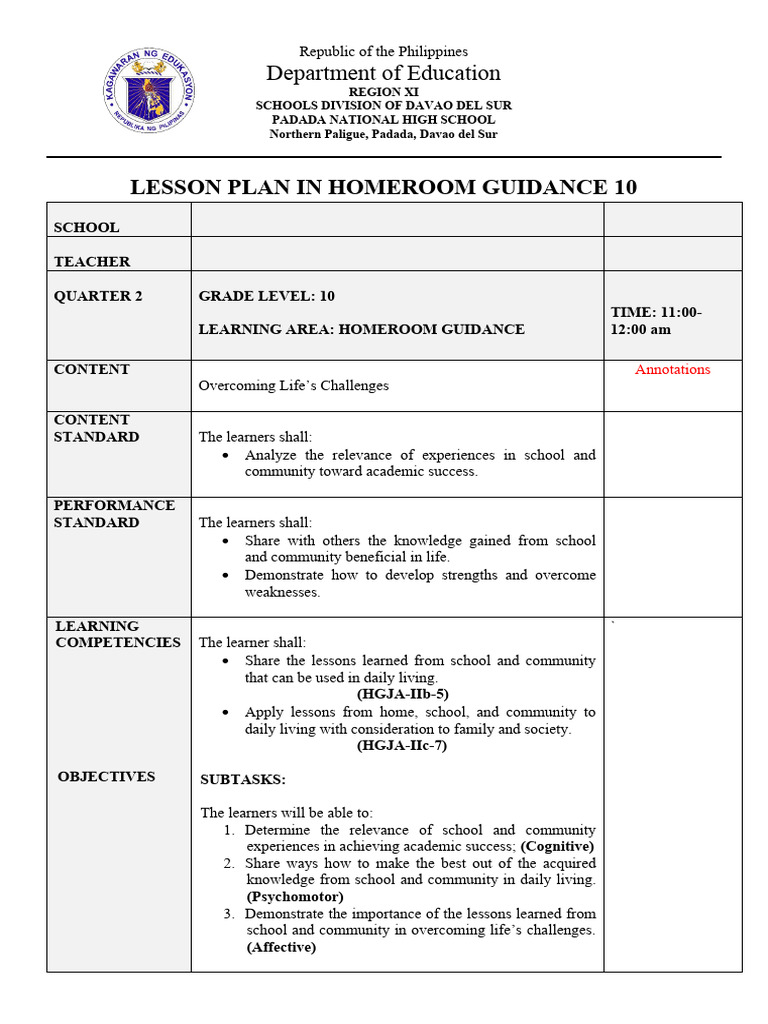 Lesson Plan Homeroom Guidance | PDF | Learning | Experience