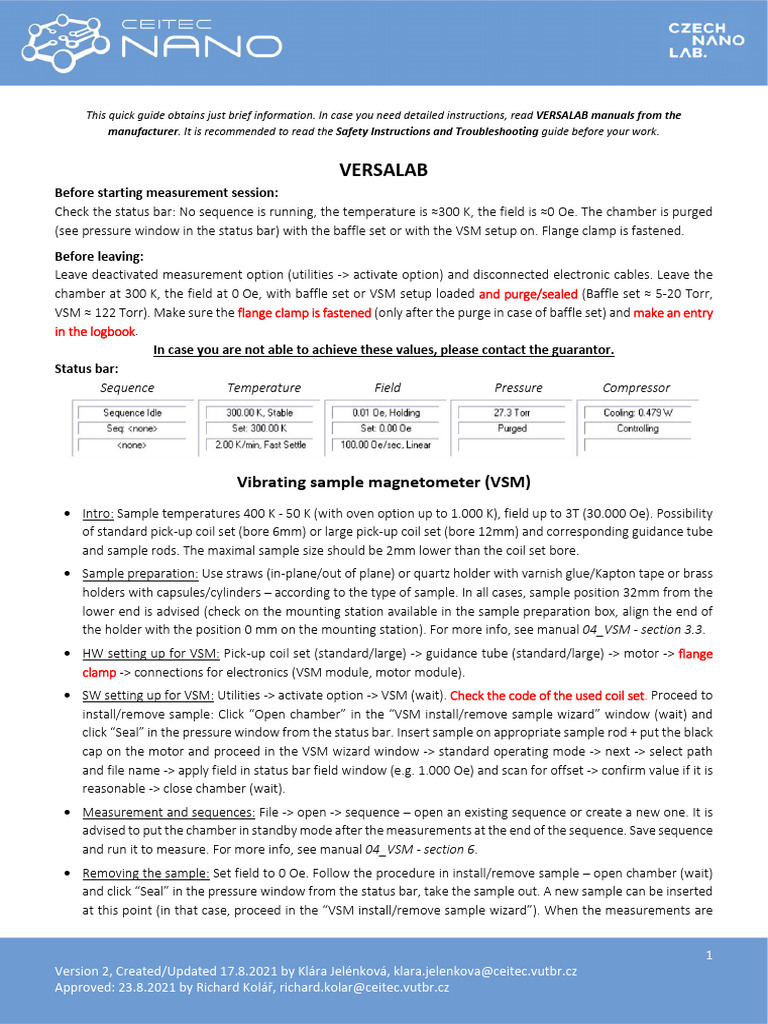 VERSALAB Quick Guide Pv2 | PDF | Electrical Resistance And Conductance | Vacuum