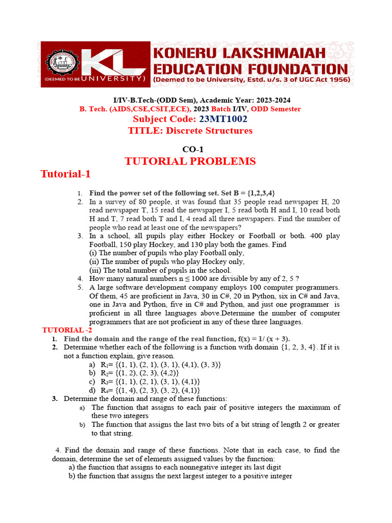 CO 1 Tutorials | PDF | Function (Mathematics) | Arithmetic