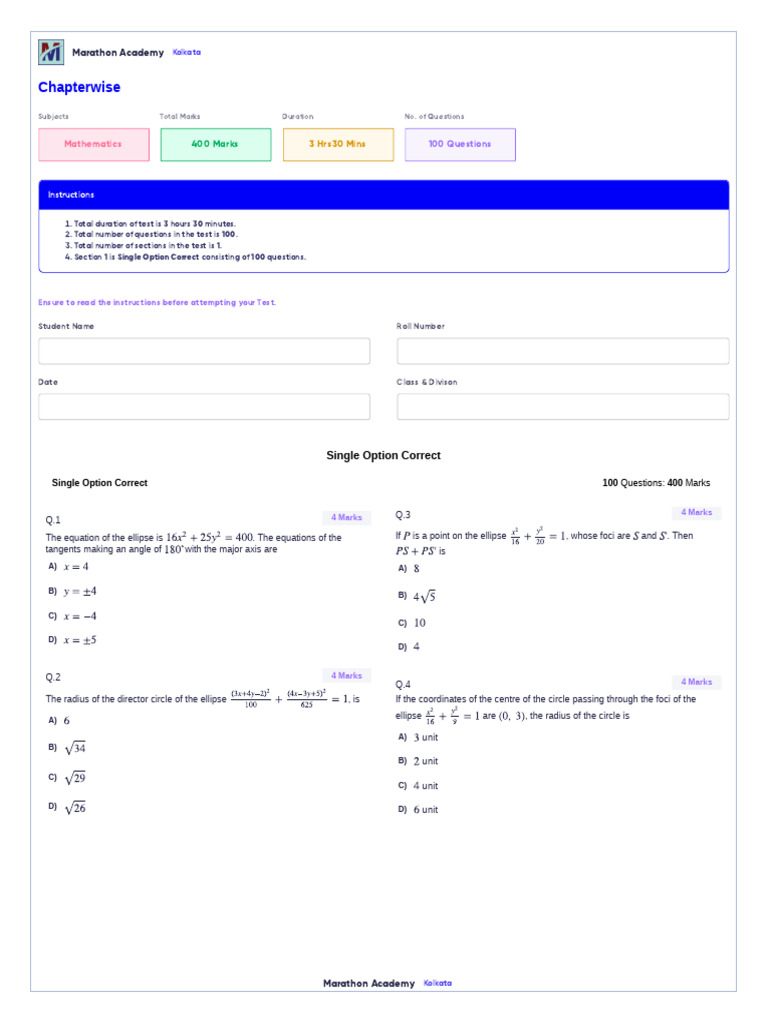 Ellipse Reflection and Properties Test | PDF | Ellipse | Perpendicular