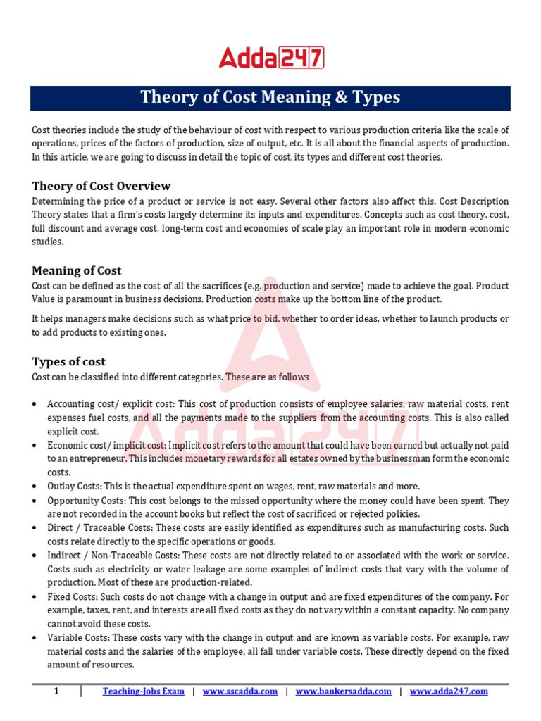 Theory of Cost Meaning Types | PDF | Average Cost | Long Run And Short Run
