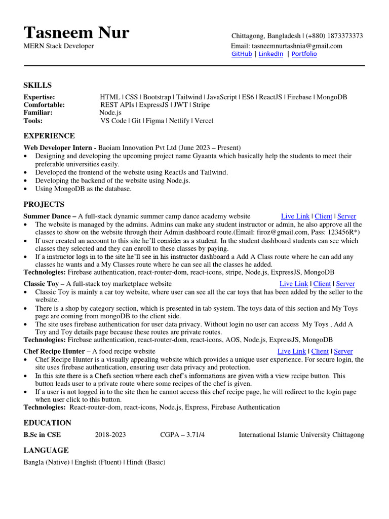 MERN Stack Developer Resume of Tasneem Nur PDF | PDF | Login | Web ...