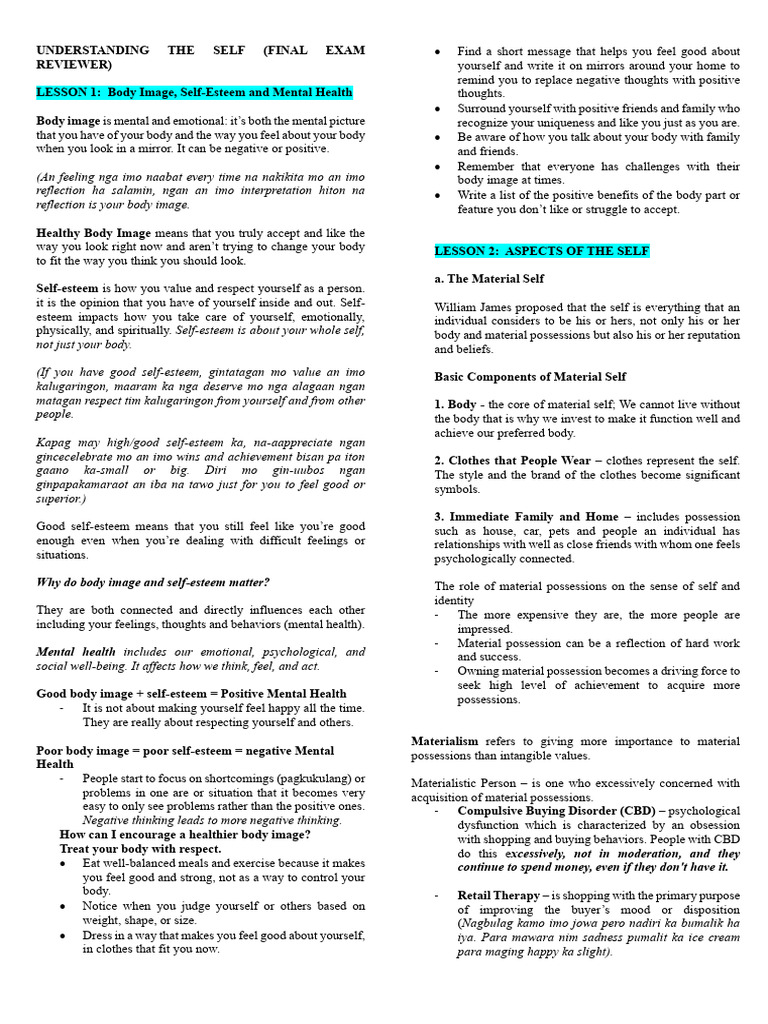 Uts Final Exam Reviewer | PDF | Self Esteem | Suffering