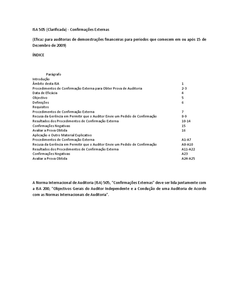 ISA 505: Confirmações Externas na Auditoria | PDF | E-mail | Informação