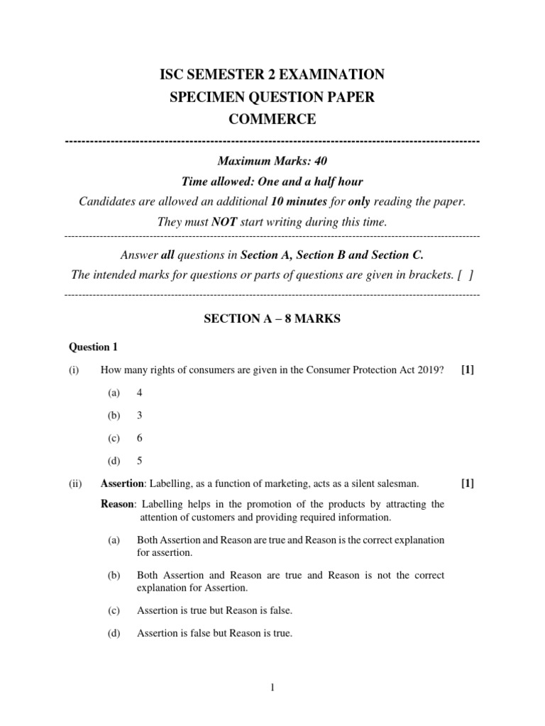 Commerce - ISC Specimen Question Paper (Sem-2) - 2022 With M | PDF ...