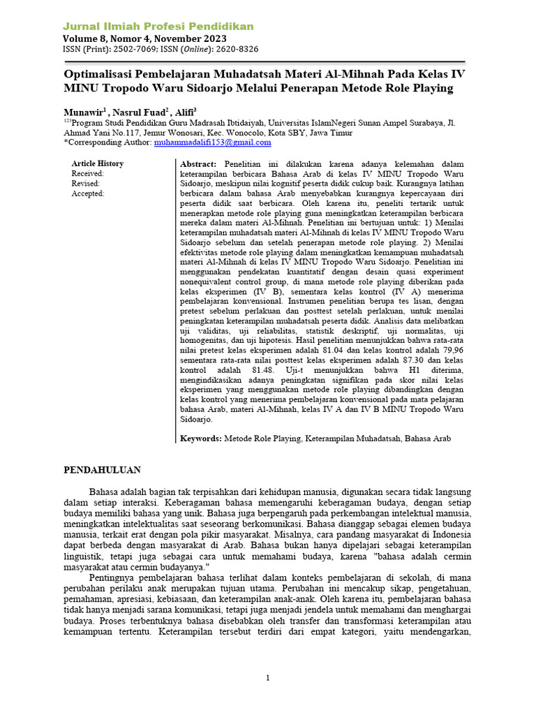 Optimalisasi Pembelajaran Muhadatsah Materi Al-Mihnah Pada Kelas Iv ...