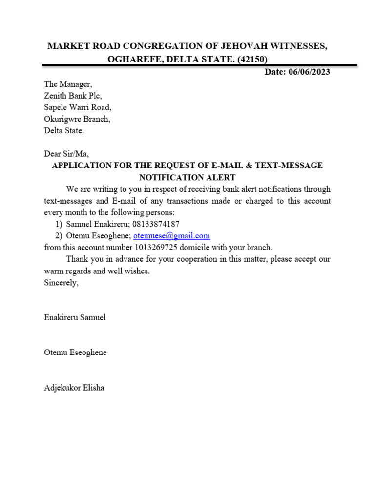 Request for Bank Alert Notifications | PDF