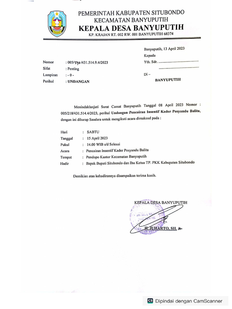 Undangan Pencairan Insentif Kader | PDF Undangan Pencairan Insentif Kader | PDF