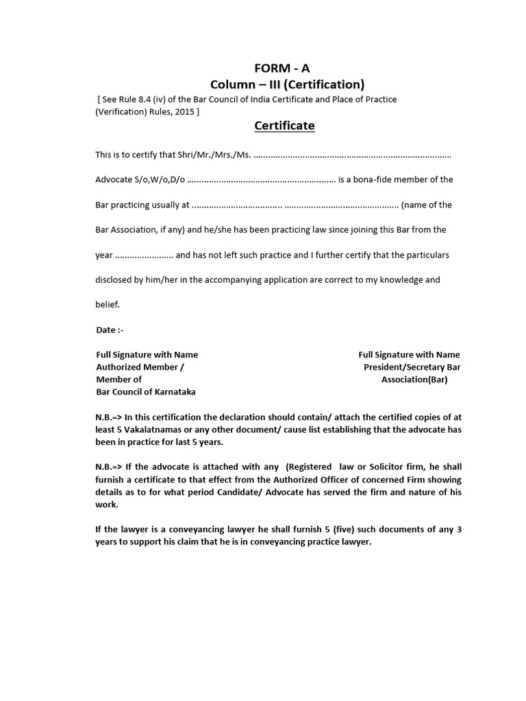 Format of The Certificate From Bar Association-Form-A | PDF