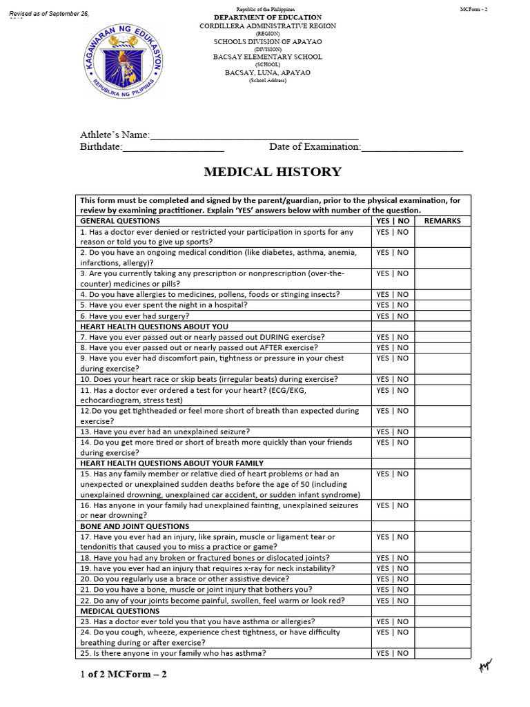 Athlete Medical History Form | PDF | Medical Specialties | Clinical ...