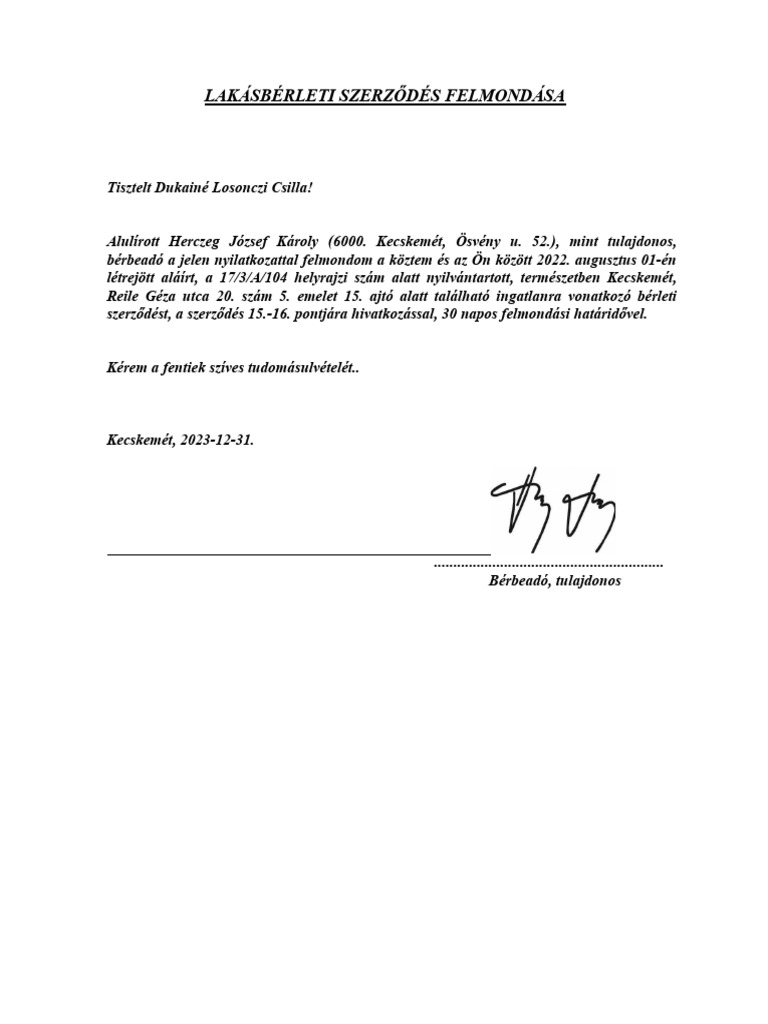 Lakasberleti-Szerzodes Felmondása | PDF