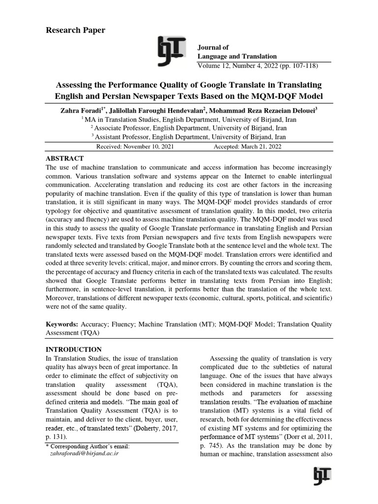 Assessing The Performance Quality of Google Translate in Translating ...