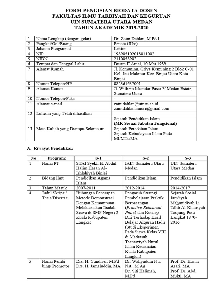 Biodata Dr. Zaini Dahlan, M.Pd.I | PDF