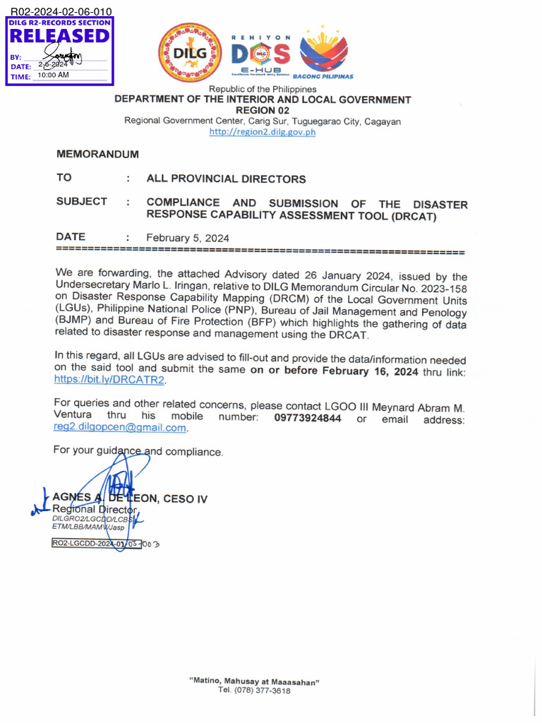 Memo Re Compliance and Submission of The Disaster Response Capability ...