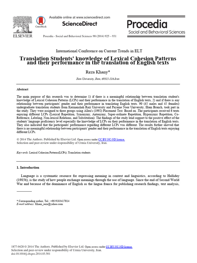 Translation Students' Knowledge of Lexical Cohesion Patterns and Their Performance in the ...