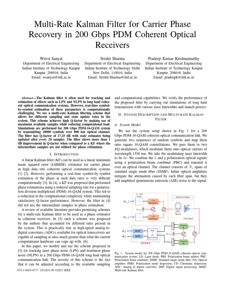 Multirate Kalman Filters For Carrier Phase Recovery In 200 Gbps Pdm