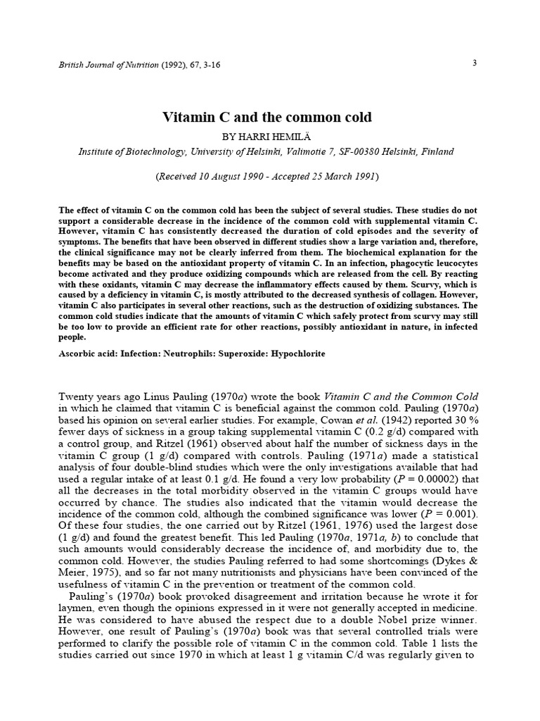 Vitamin C and The Common Cold. | PDF | Vitamin C | Vitamin