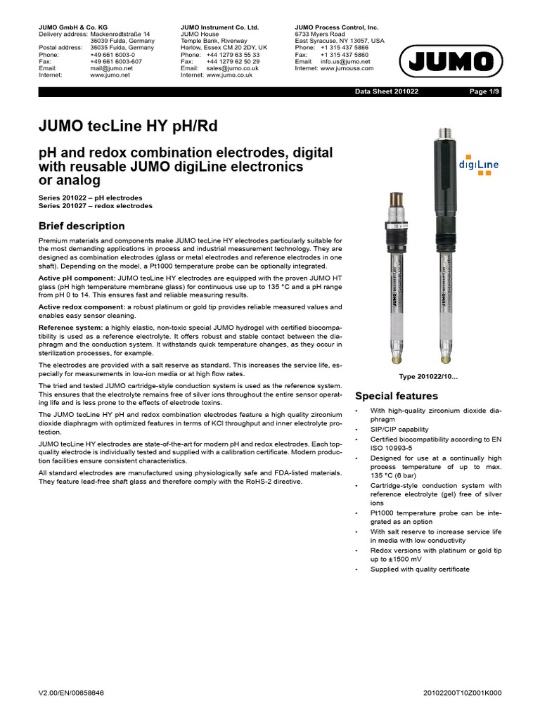 Jumo Tecline Hy PH/RD: PH and Redox Combination Electrodes, Digital ...
