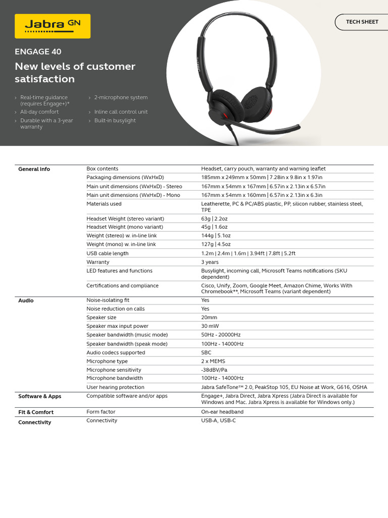 EN Jabra Engage 40 Tech Sheet 16122022 | PDF | Usb | Bluetooth