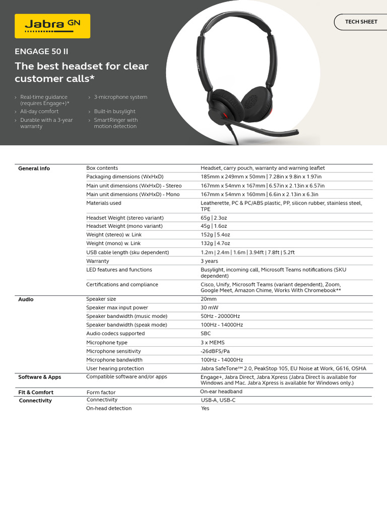 Tech - Specs - Jabra - Engage - 50 - II - En-Us.20221216 Ac | PDF | Usb ...