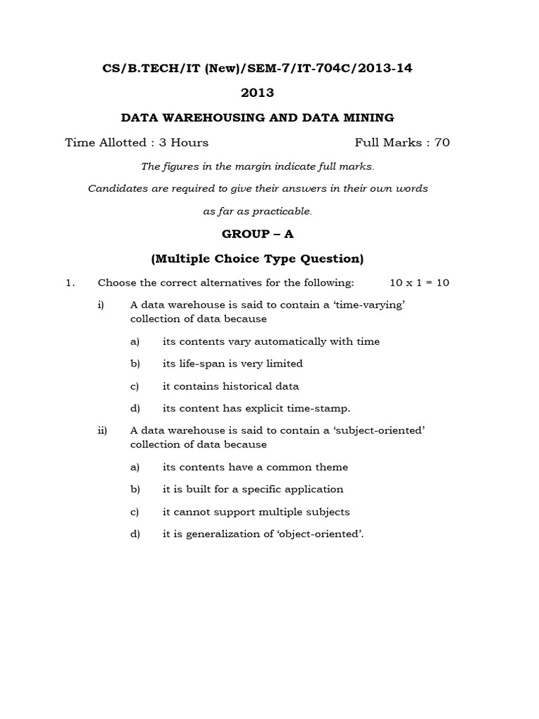 (It-704c) Data Warehousing and Data Mining (2013-14) | PDF | Data ...