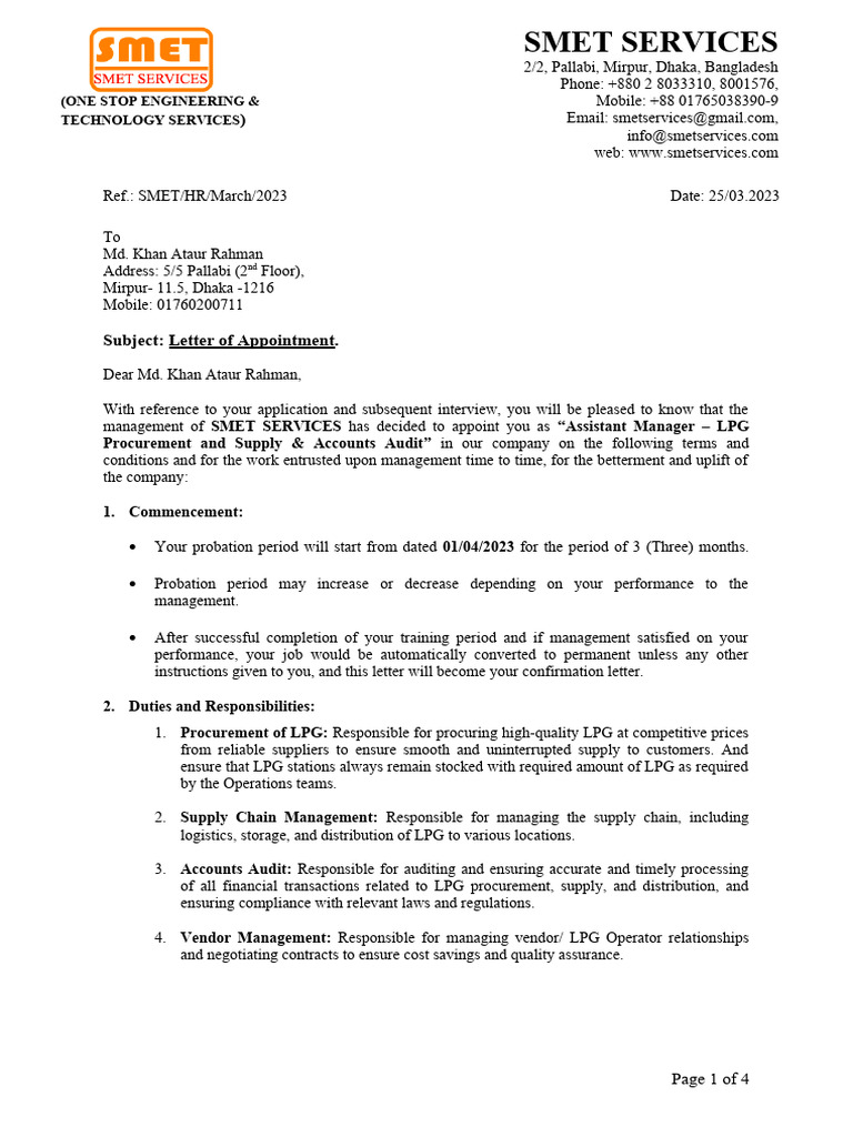 5.1 Appointment Letter - Md. Khan Ataur Rahman | PDF | Supply Chain ...