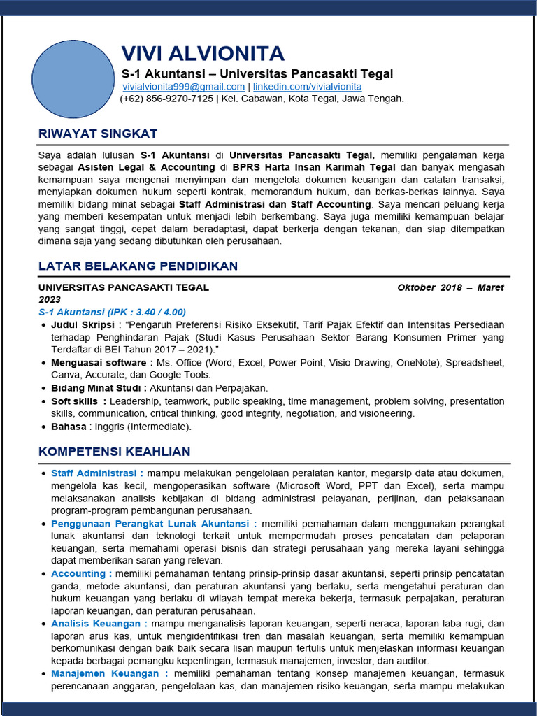 CV Ats - Vivi Alvionita | PDF | Bisnis | Pengelolaan Keuangan & Uang