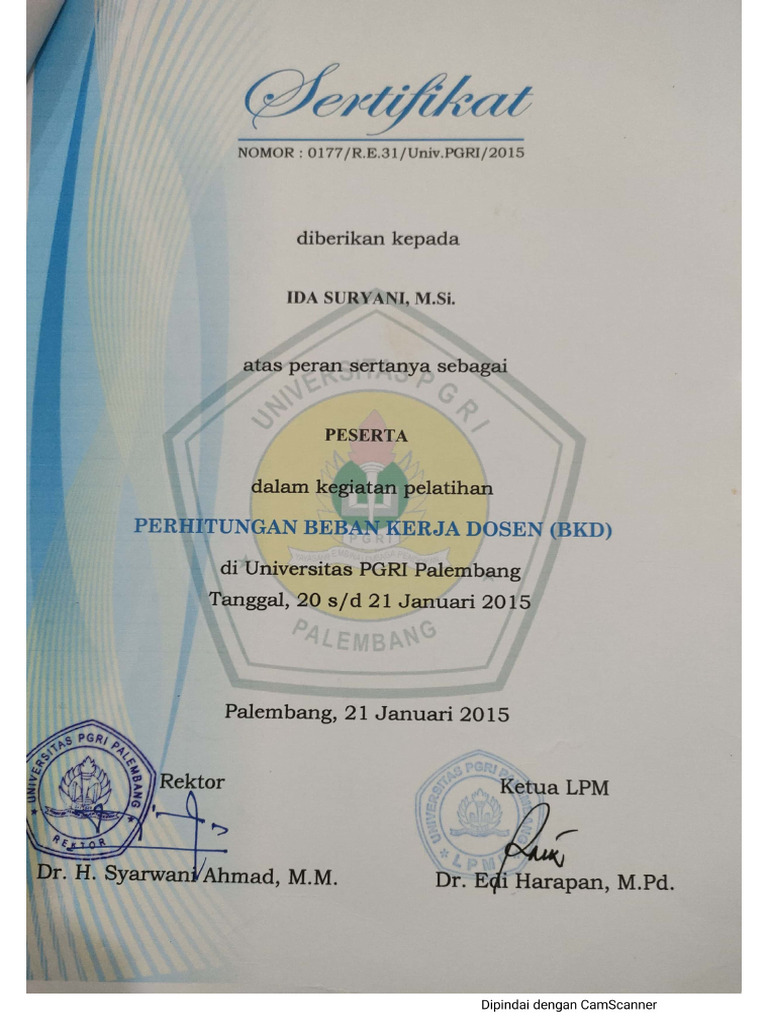 Sert Pelatihan Perhitungan Beban Kerja Dosen | PDF