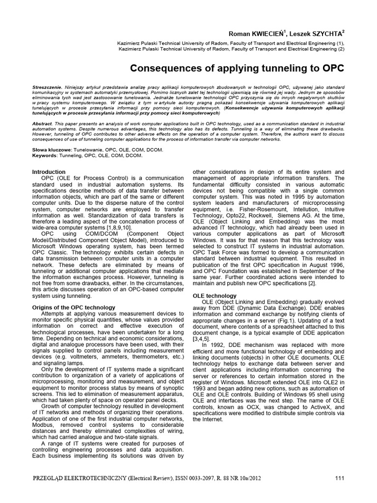 Consequences of Applying Tunneling To OPC: Roman Kwiecień, Leszek ...