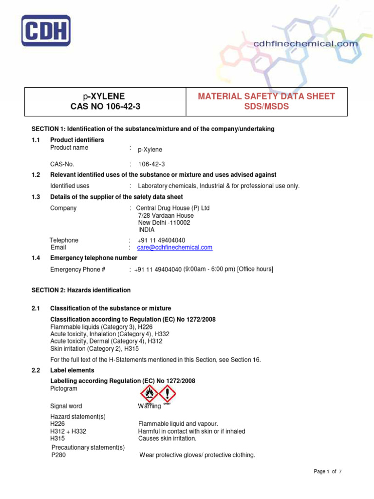 Paraxylene MSDS | PDF | Safety | Toxicology