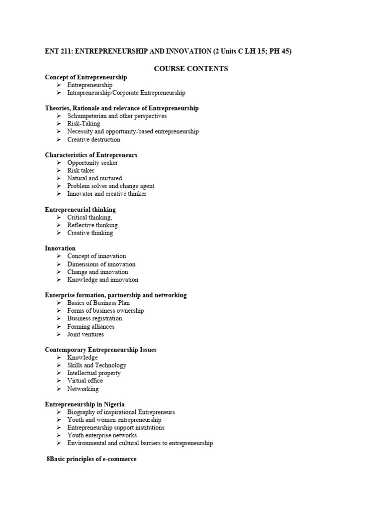 Course Content of Entrepreneurship and Innovation (Ent 211) - 1 | PDF