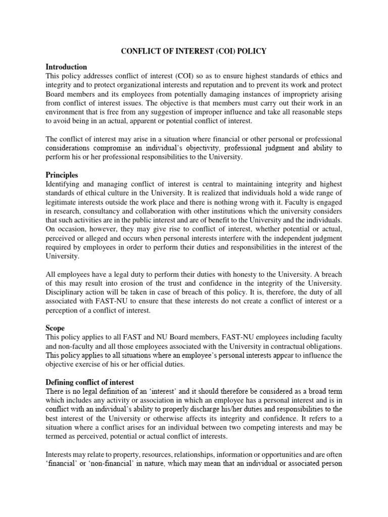 Conflict of Interest COI Policy | PDF | Conflict Of Interest | Employment