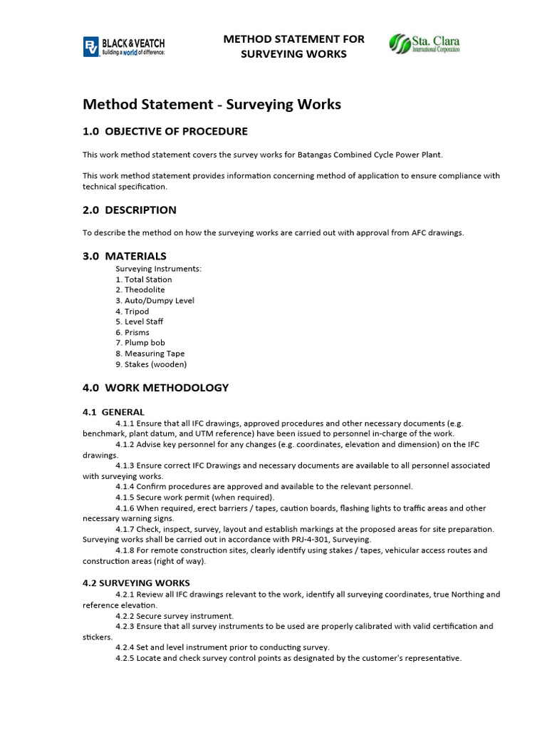 Method Statement For Surveying Works | PDF | Surveying | Personal ...