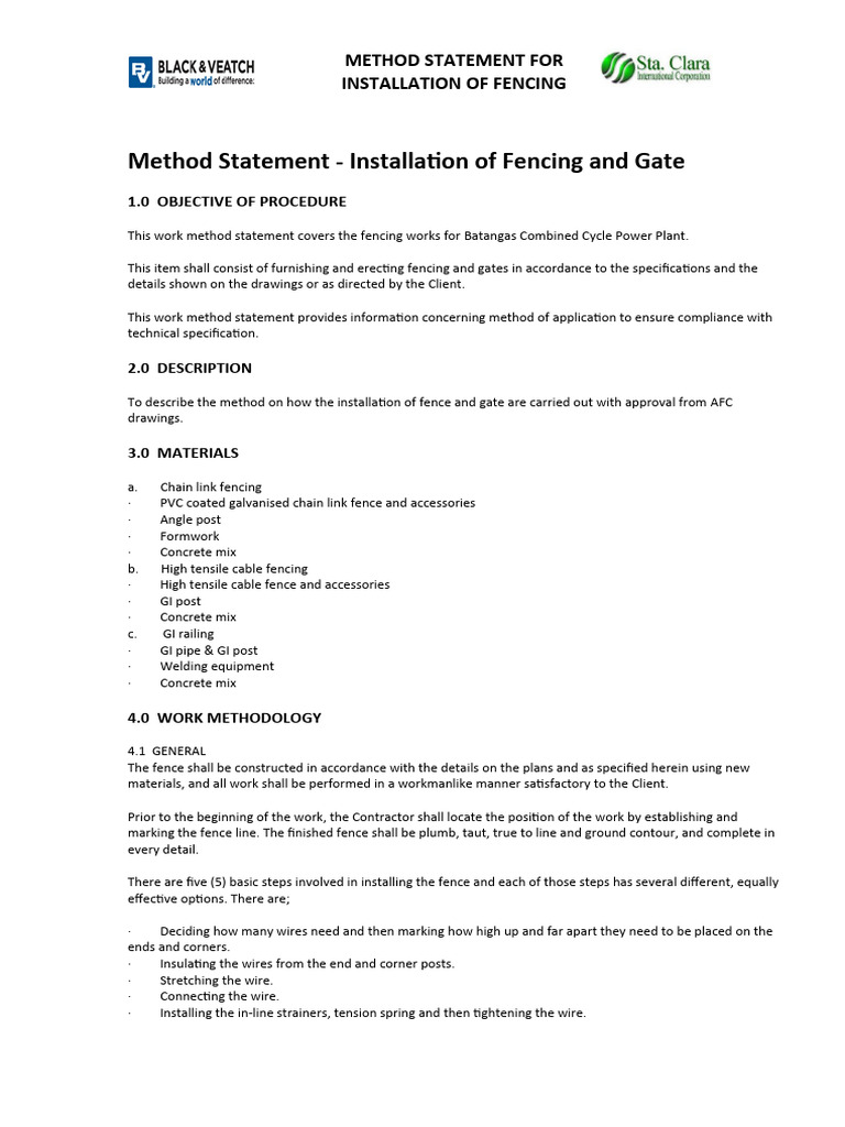 Method Statement for Fencing and Gates | PDF | Personal Protective ...