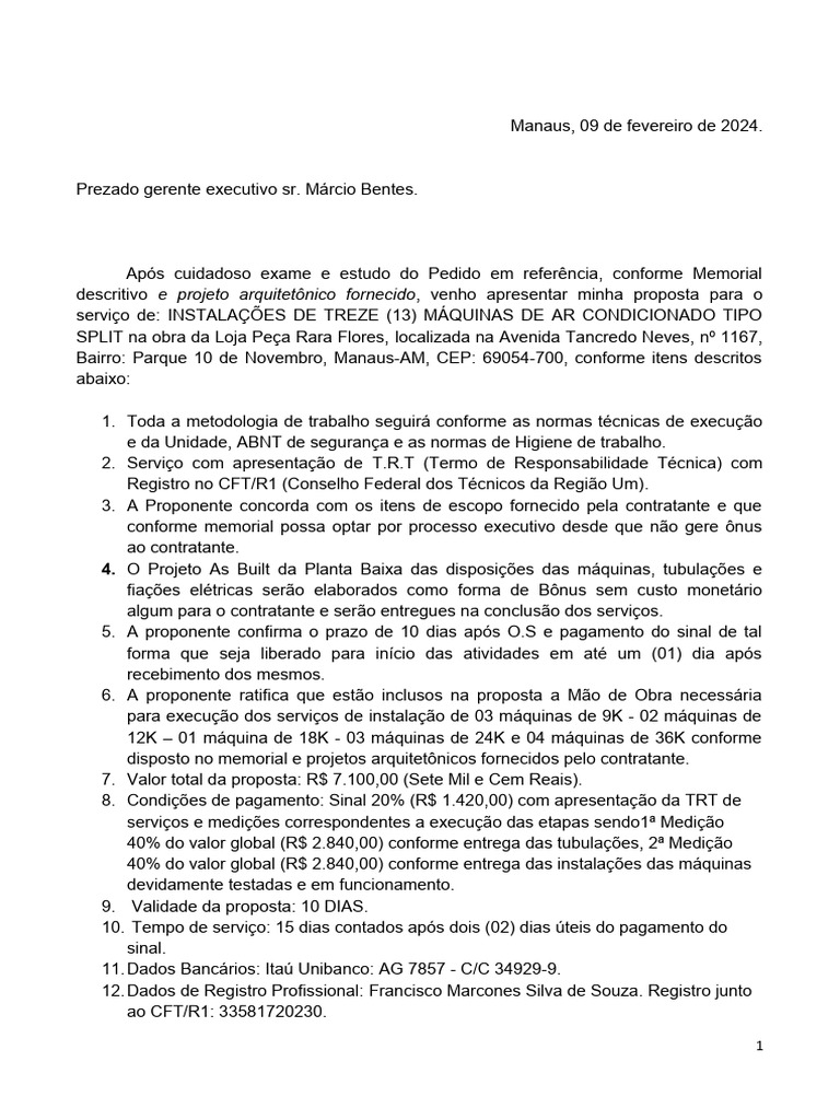 Carta Proposta - Inst. Ar Condicionados | PDF