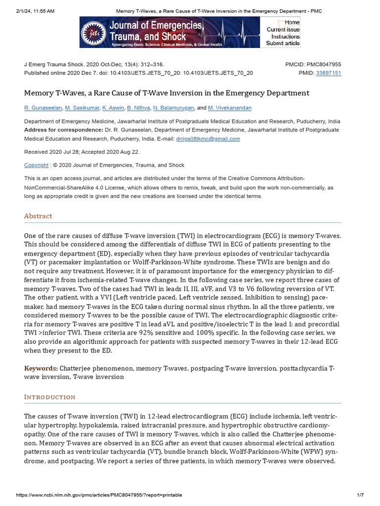 Memory T-Waves, A Rare Cause of T-Wave Inversion in The Emergency ...