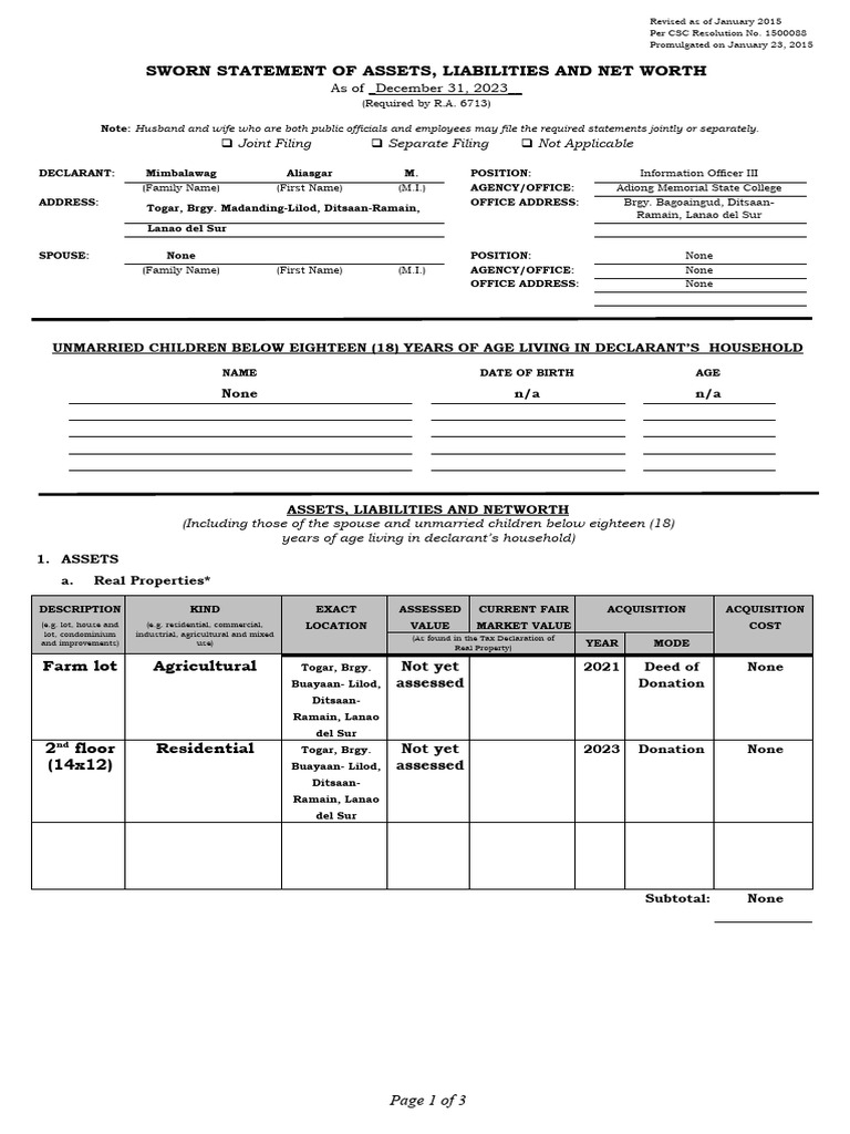 2023 SALN Form Sample for Public Officials | PDF