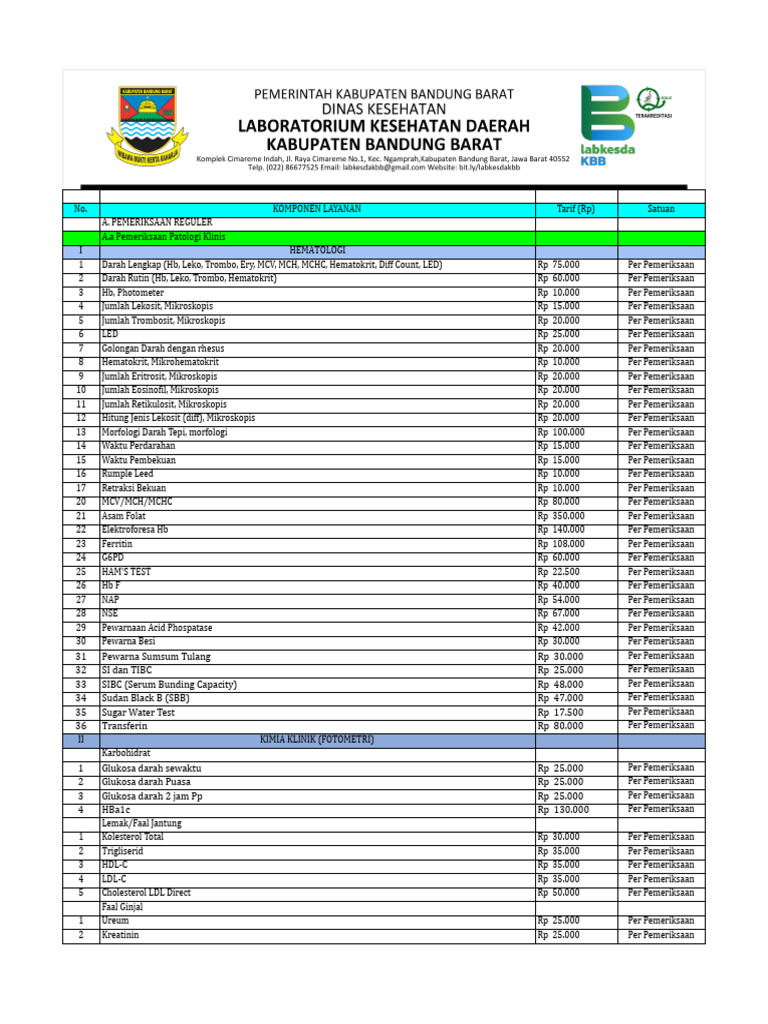 Tarif Pemeriksaan Labkesda Bogor | PDF