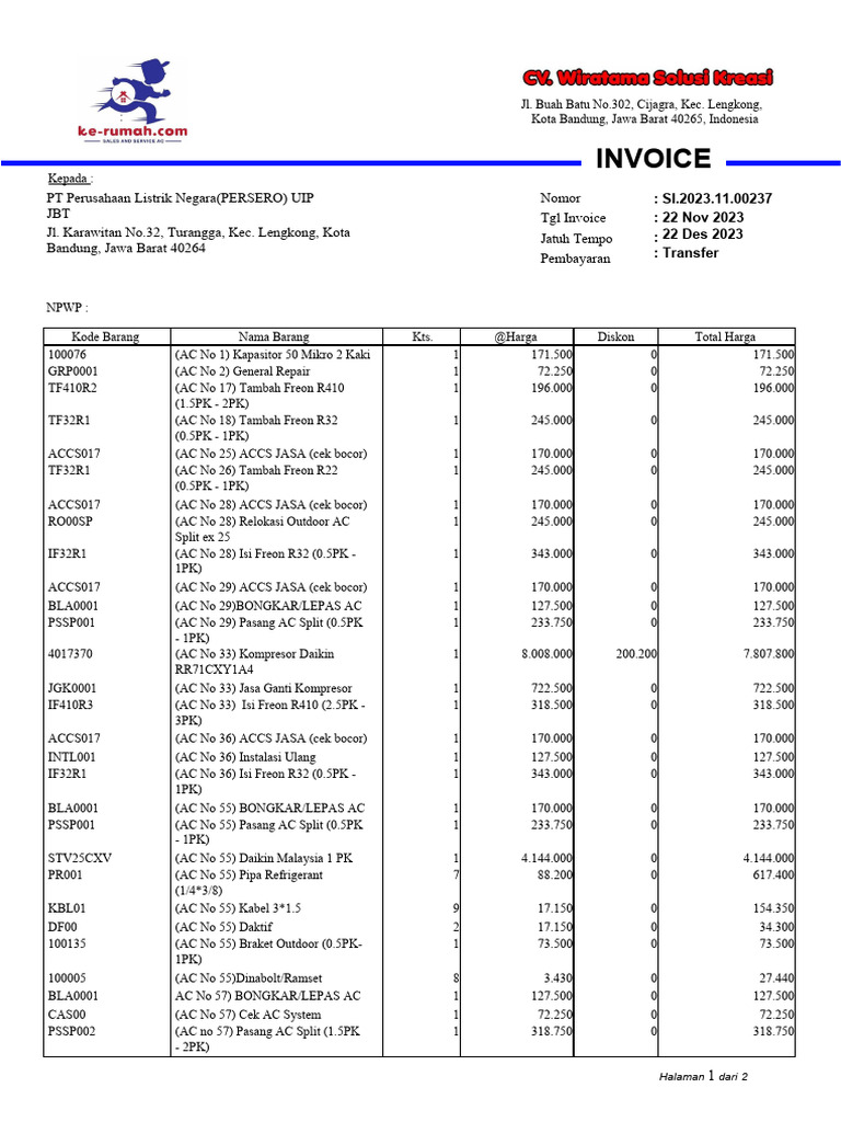 Invoice Penggantian Sparepart | PDF | Teknologi & Rekayasa