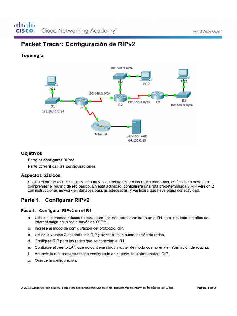 Guía de Configuración RIPv2 Cisco | PDF | Enrutador (Computación) | Protocolos de red