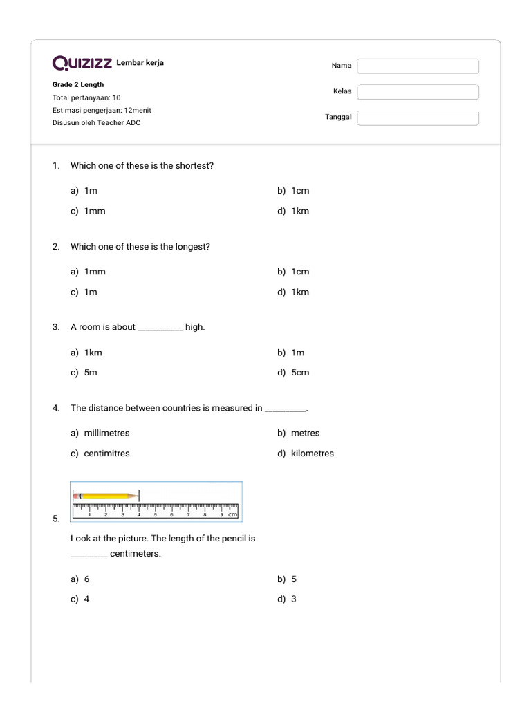 Grade 2 Length Measurement Quiz | PDF | Teaching Methods & Materials