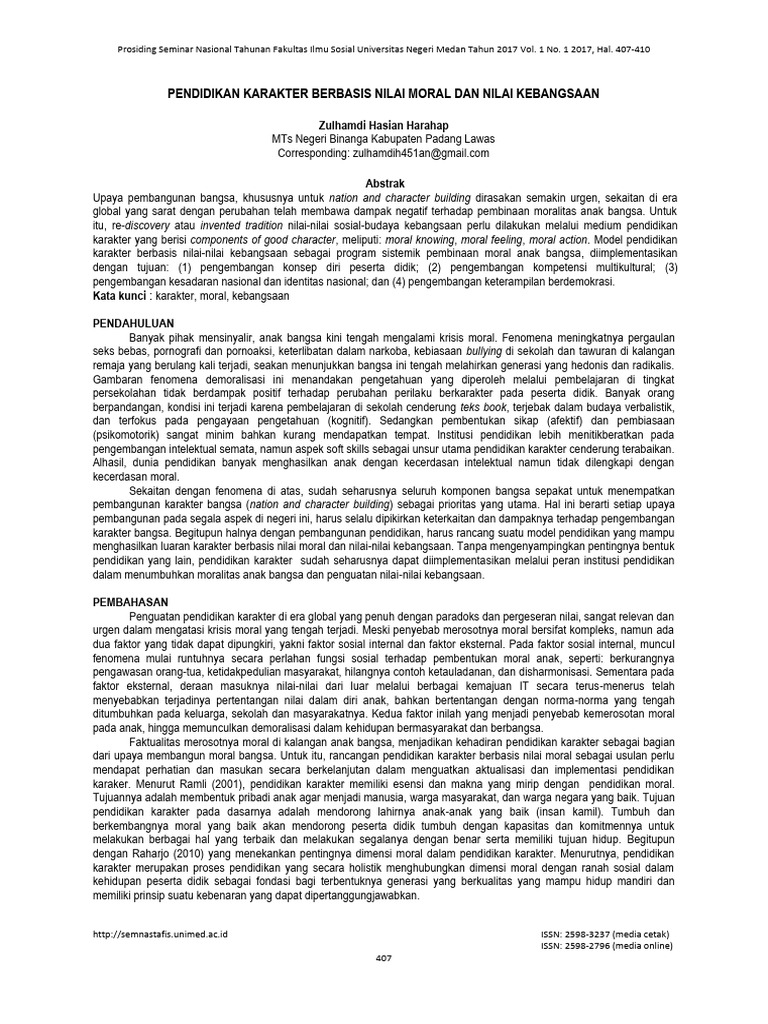 Zulhamdi PENDIDIKAN KARAKTER BERBASIS NILAI MORAL DAN NILAI KEBANGSAAN | PDF